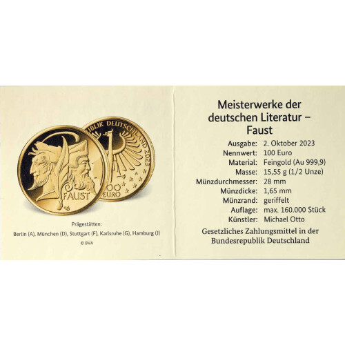 100 Euro Deutschland 2023 Gold st - J. W. Goethe "Faust"