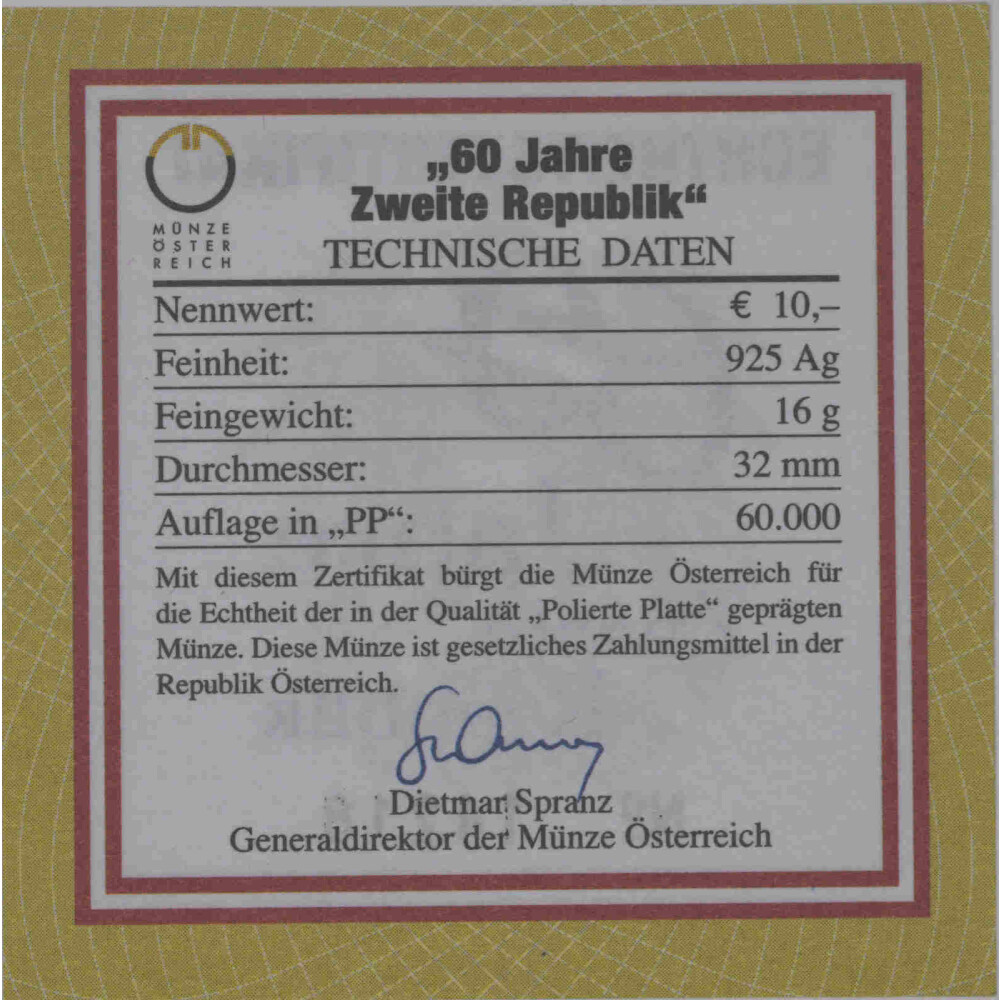 10 Euro Gedenkmünze Österreich 2005 Silber PP - 60 Jahre zweite Repub