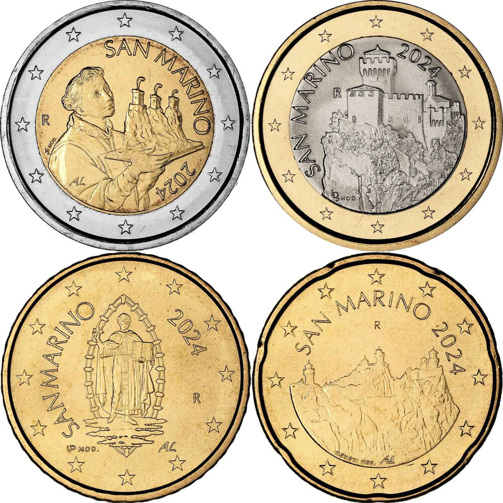 Kombi-Set: 4 bankfrische Kursmünzen San Marino 2024 - 2 Euro bis 20 c